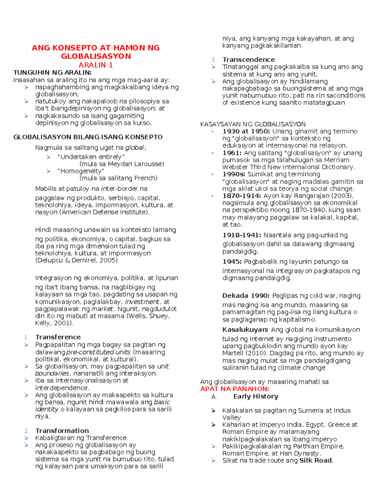 GNED 07 Final Reviewer - awrwefwrsefgrefer - ANG KONSEPTO AT HAMON NG GLOBALISASYON ARALIN 1 ...