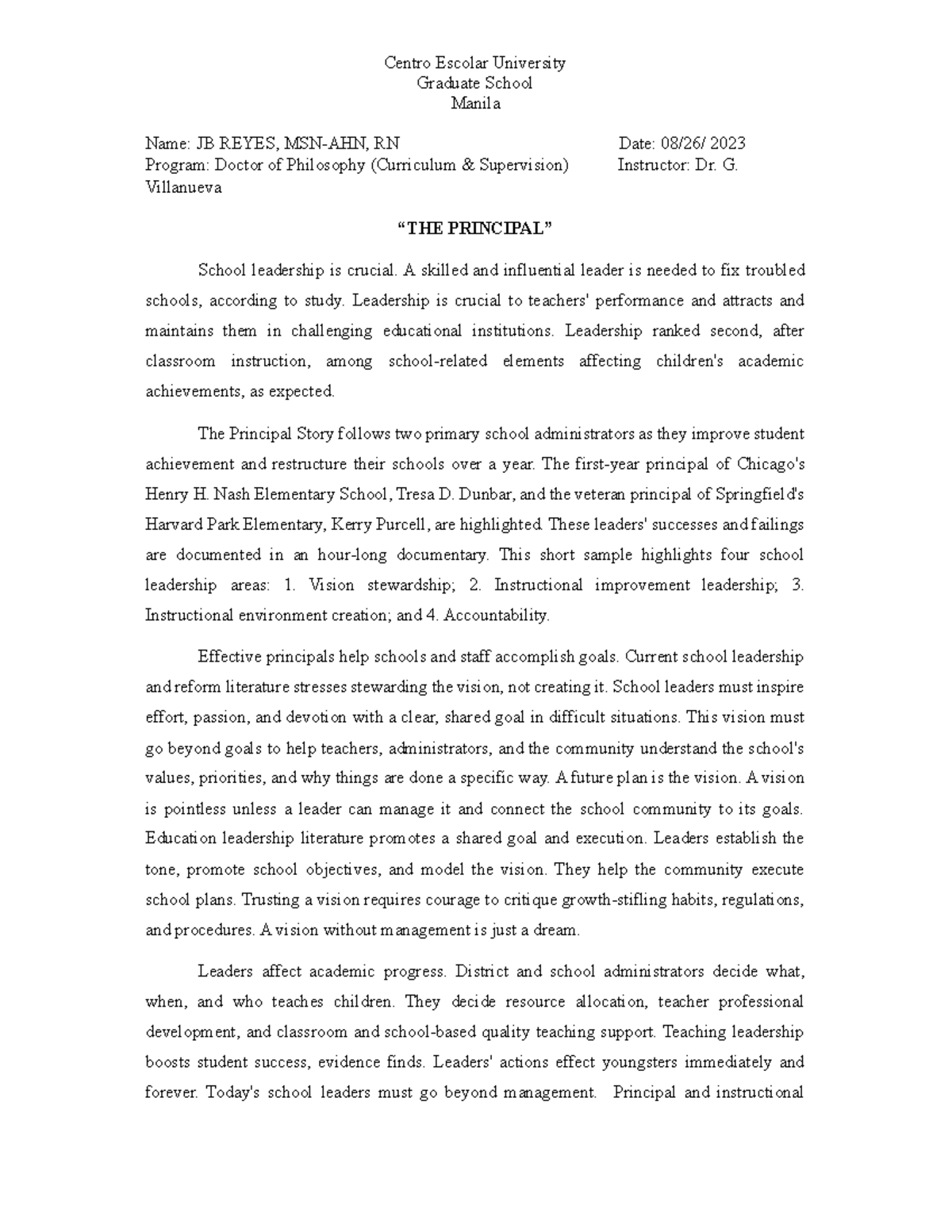 The Principal Reflection - Graduate School Manila Name: JB REYES, MSN ...