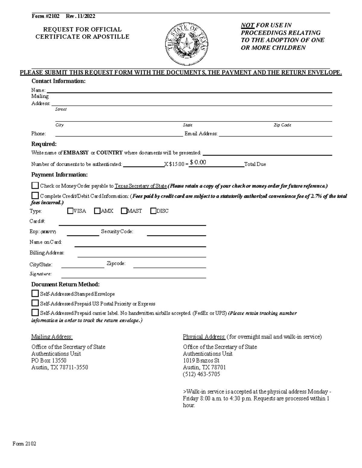 Formato apostilla Texas - REQUEST FOR OFFICIAL CERTIFICATE OR APOSTILLE ...