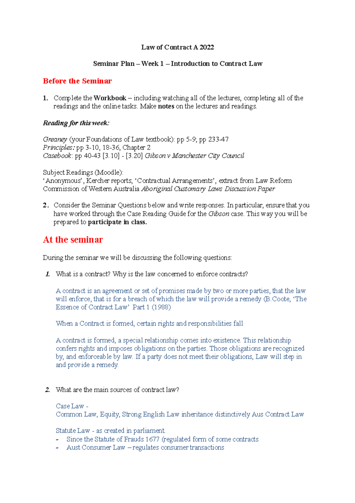 Contract Week 1 Seminar Plan 2022 - Law of Contract A 2022 Seminar Plan ...