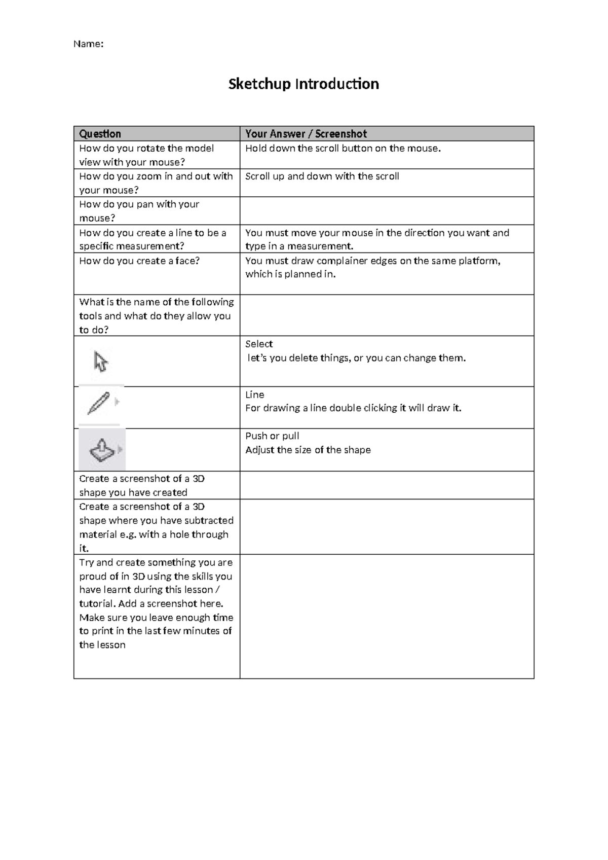 Sketchup Introduction - Name: Sketchup Introduction Question Your ...