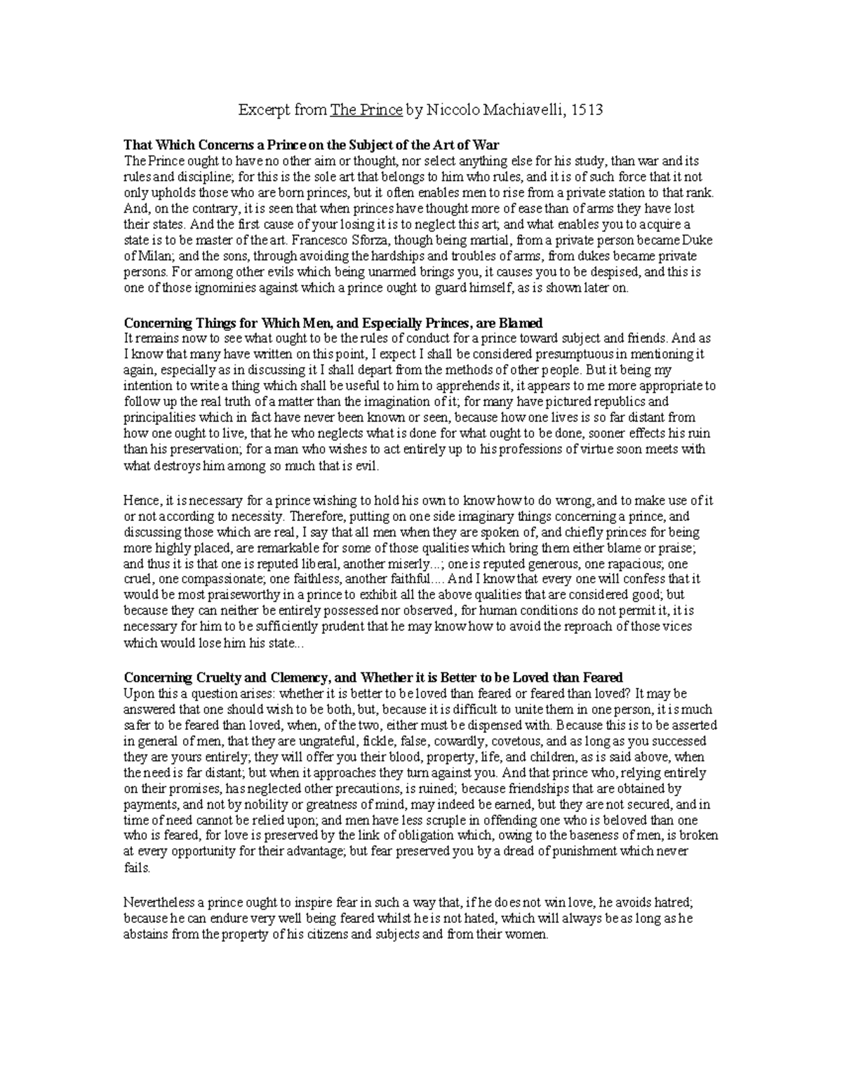 Excerpt from the prince by niccolo machiavelli - And, on the contrary ...