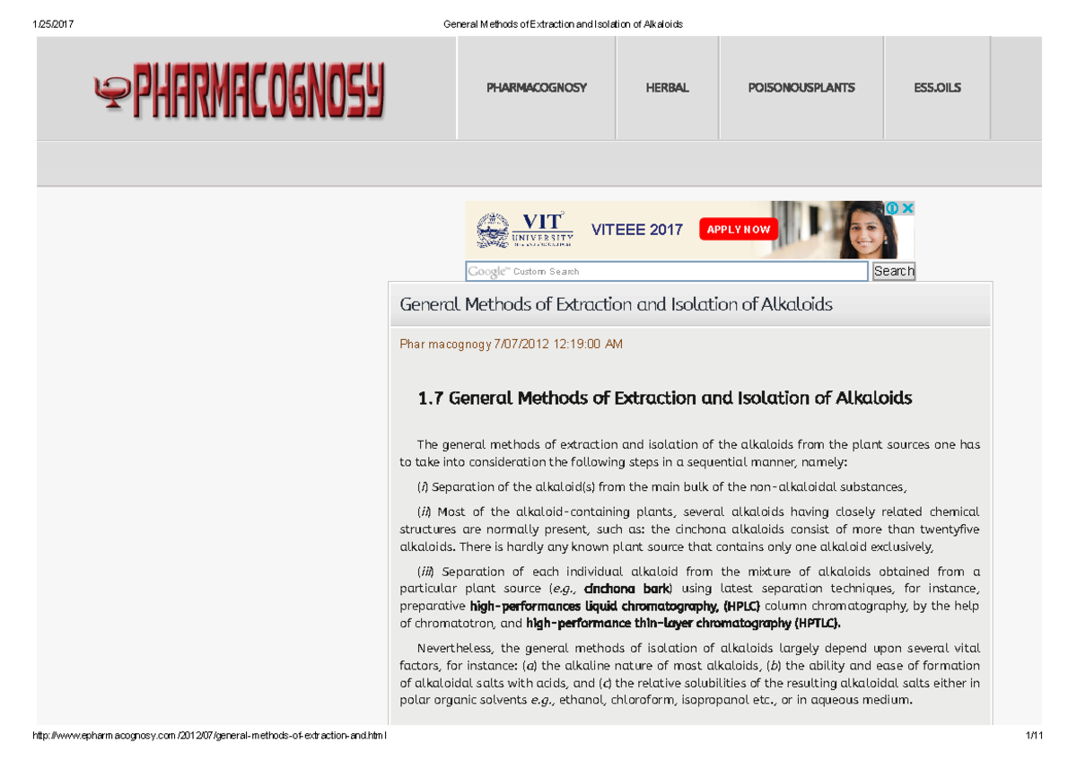 General Methodsof Extractionand Isolationof Alkaloids - PHARMACOGNOSY ...