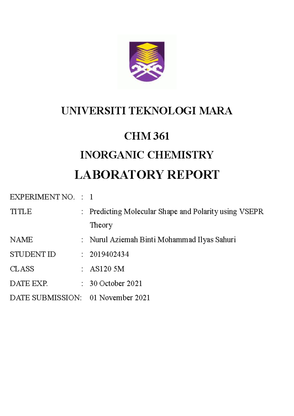 CHM361 Experiment 1 - UNIVERSITI TEKNOLOGI MARA CHM 361 INORGANIC CHEMISTRY LABORATORY REPORT ...