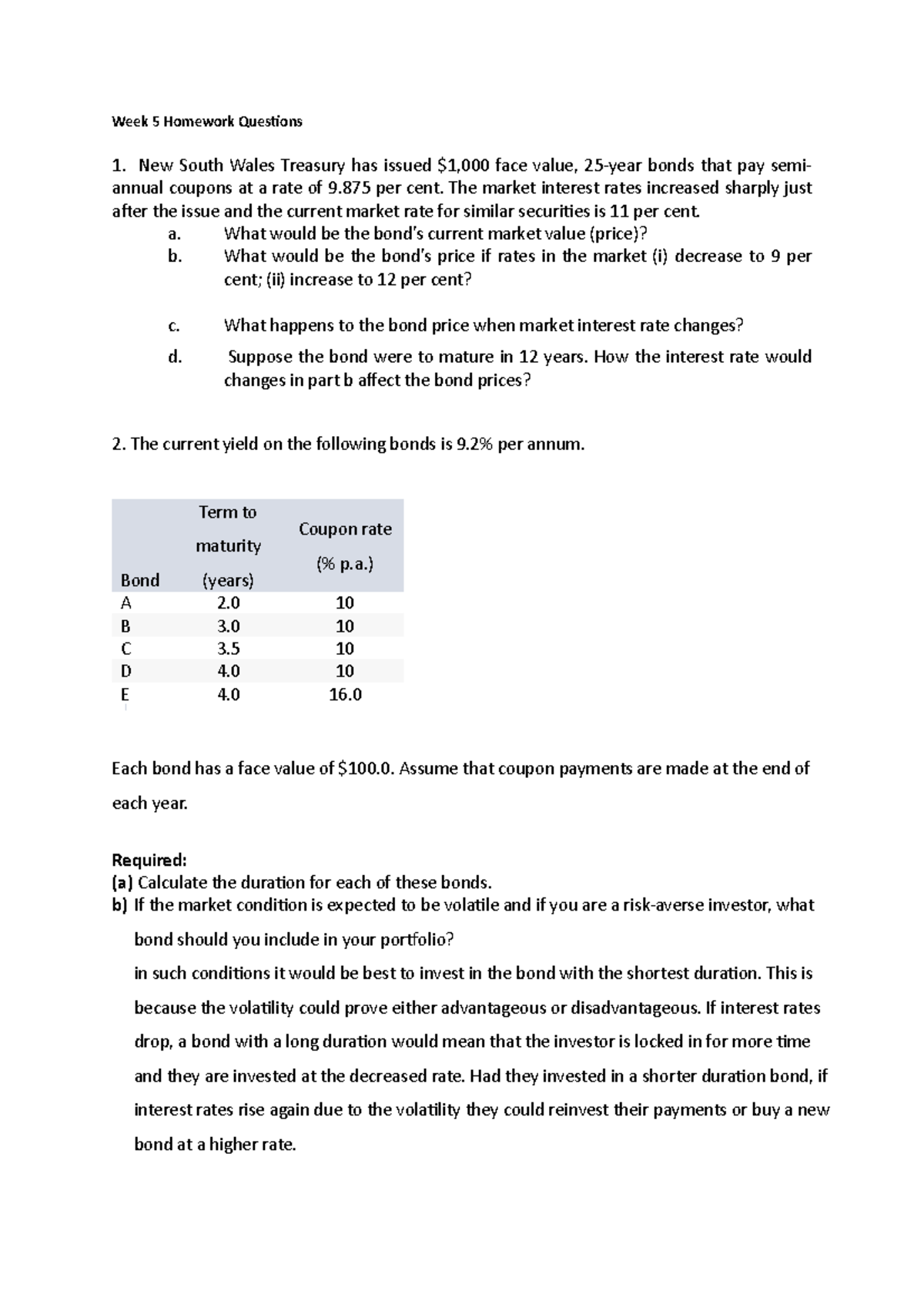 Week 5 homework questions - Week 5 Homework Questions New South Wales ...