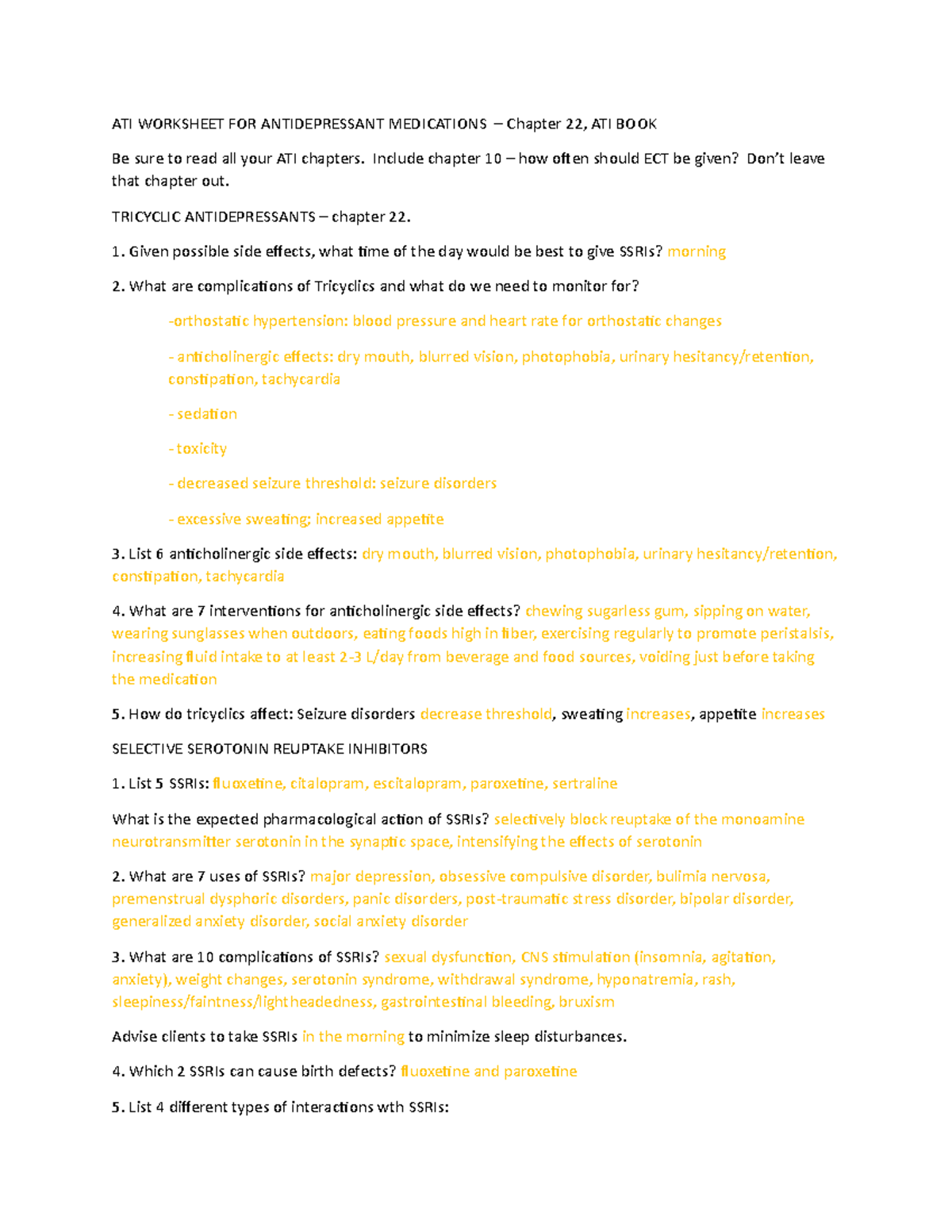 ATI Worksheet for Antidepressant Medications SU21 - ATI WORKSHEET FOR ...