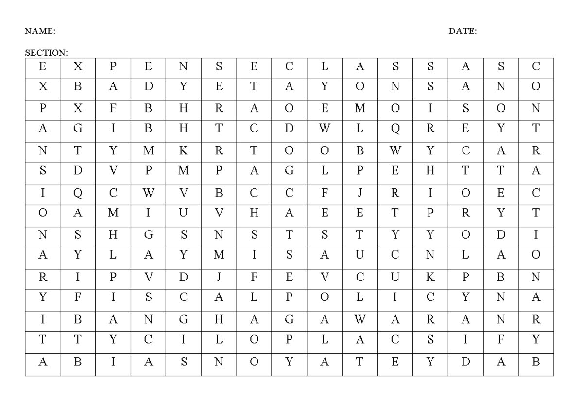 Crosswords - crossword puzzle - NAME: DATE: SECTION: E X P E N S E C L ...