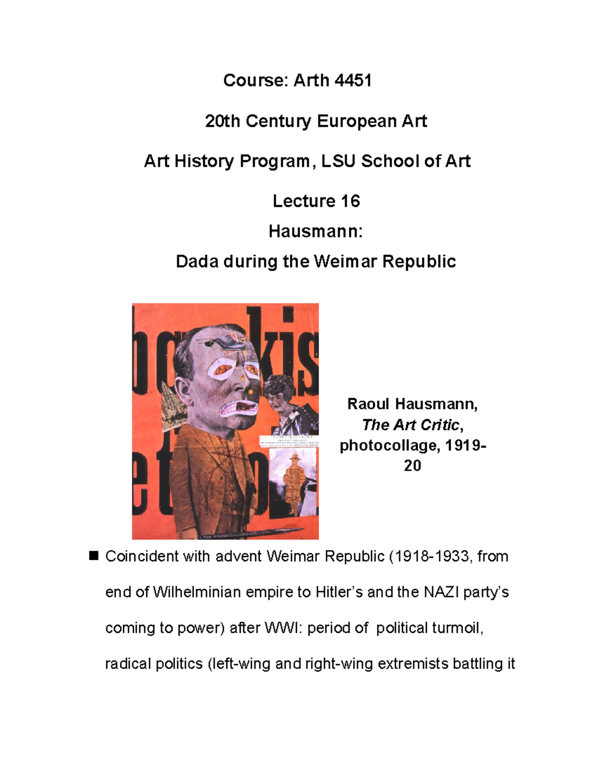 Hausmann - 20th Century Art History lecture notes from ppt ...