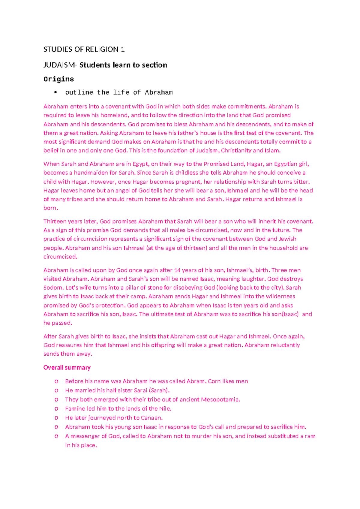 Sor1 judaism study notes - STUDIES OF RELIGION 1 JUDAISM- Students ...