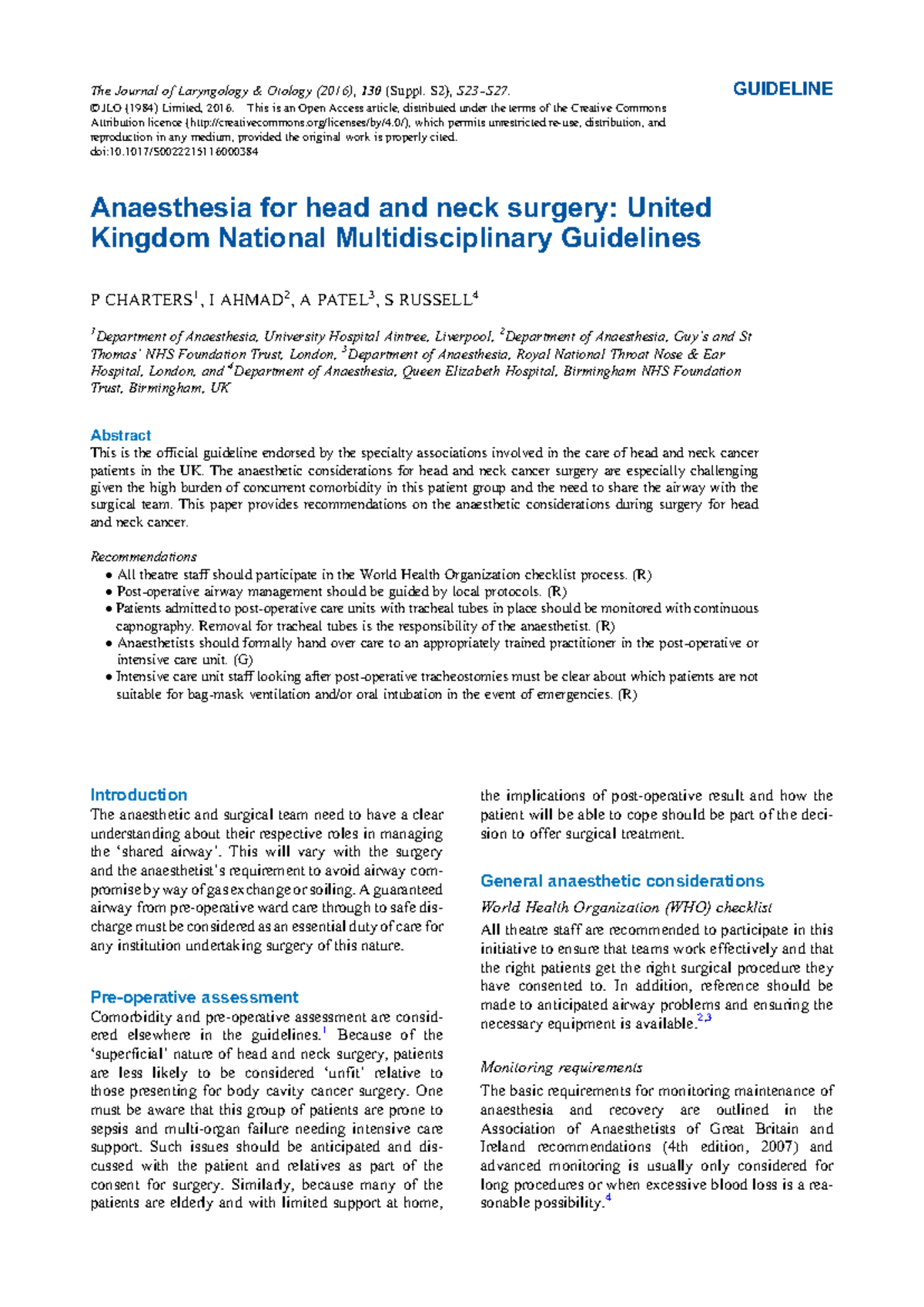 Anaesthesia for head and neck surgery United Kingdom National ...