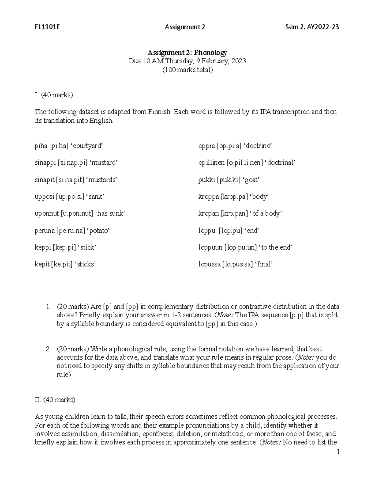 Assignment 2 blank - EL1101E Assignment 2 Sem 2, AY2022- Due 10 AM ...