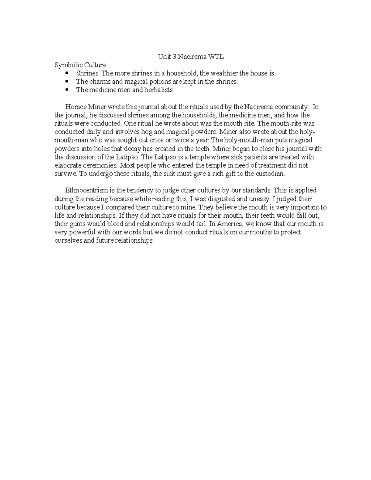 Unit 3 Nacirema WTL - Unit 3 Nacirema WTL Symbolic Culture Shrines. The ...