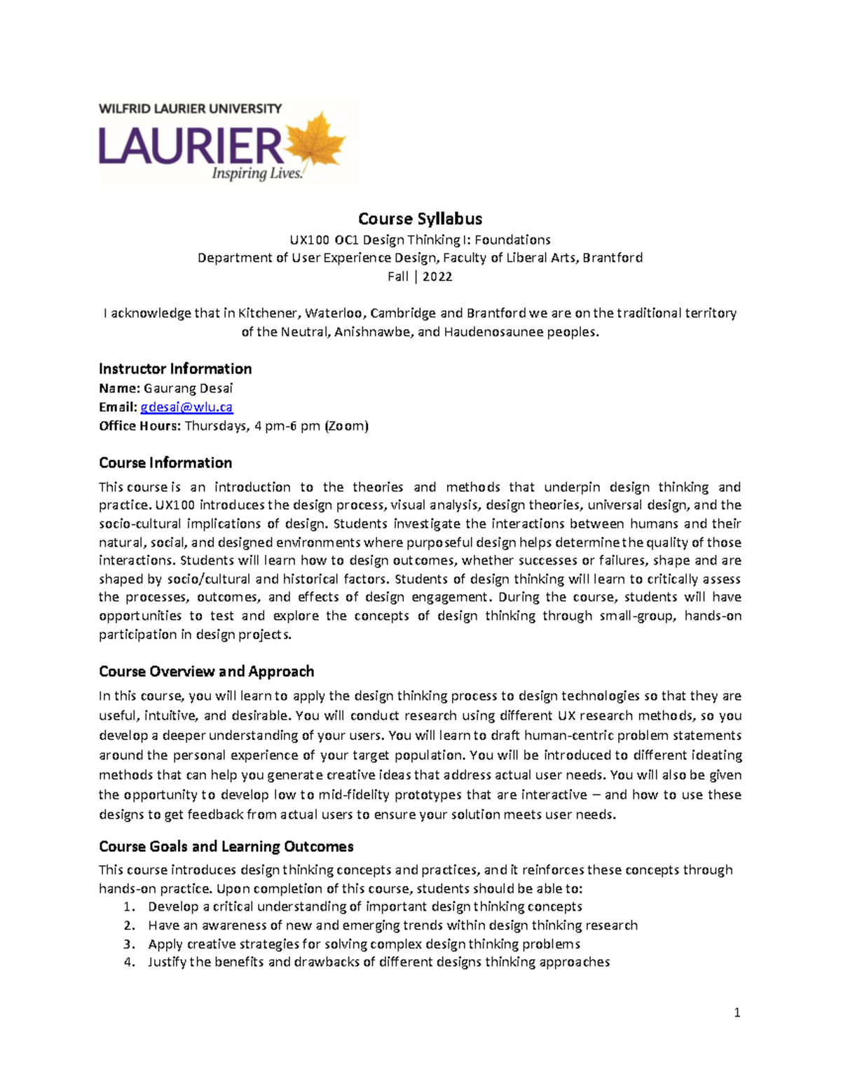 Fall 2022 Syllabus UX100 OC1-Design Thinking 1-Foundations 13102022 ...