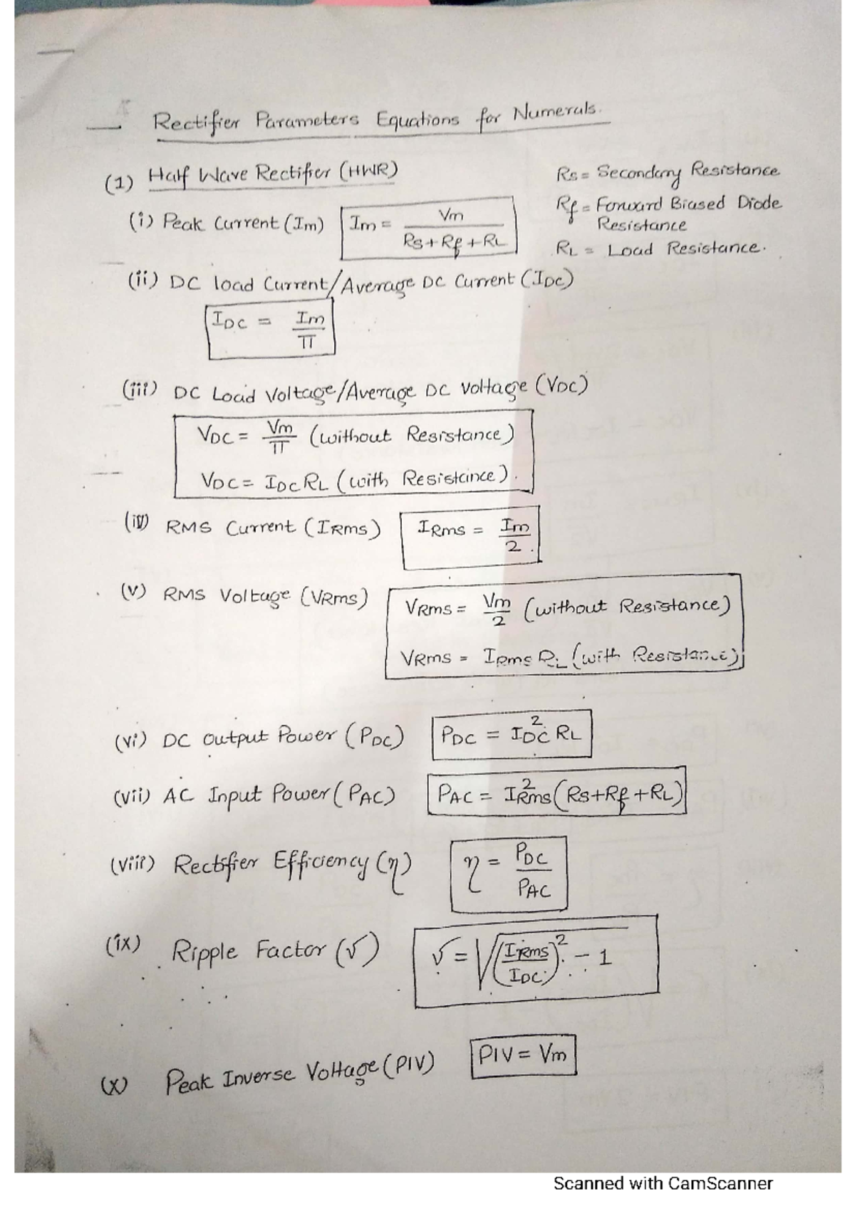 Basic formulas - Rectifier Parameters Equations for Numerals (1) Half Wave Rectifier (HWR ...