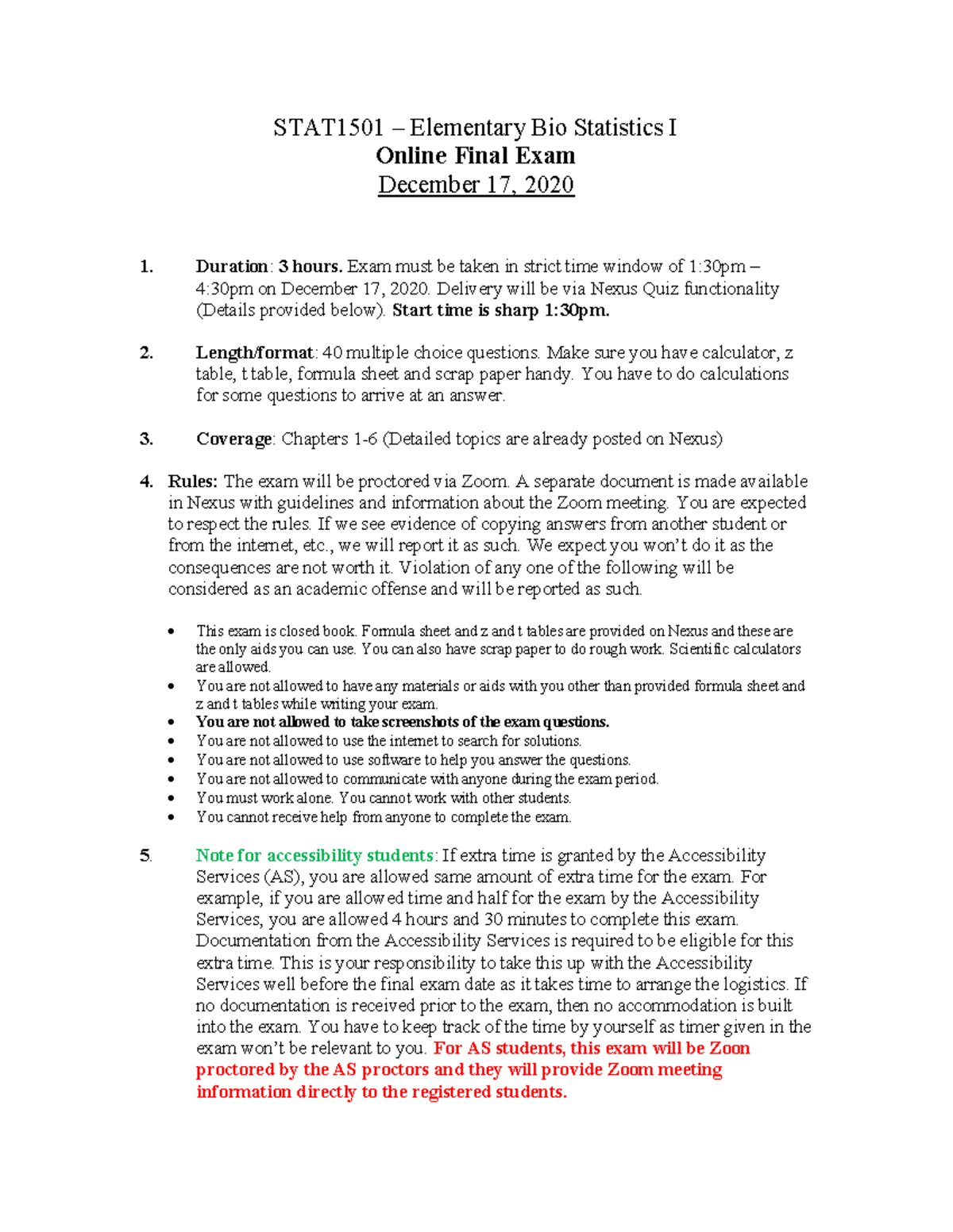 Final Exam Guidelines - STAT1501 – Elementary Bio Statistics I Online ...