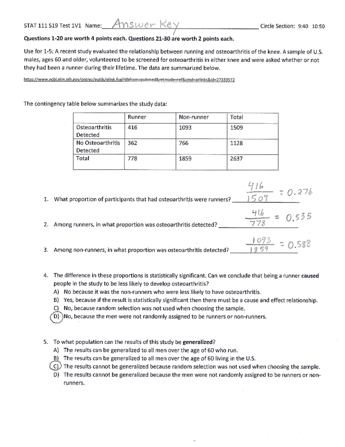 S 19 Test 1 v1 Answer Key - Karen - STAT 111 - Studocu