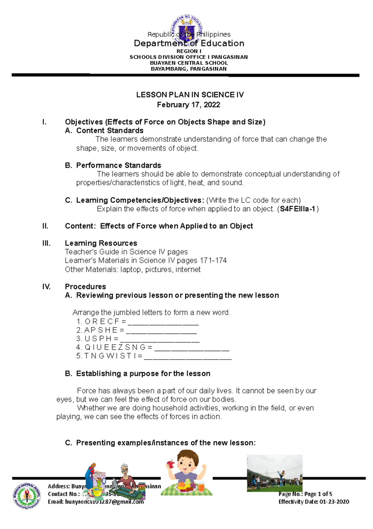 COT Lesson Plan for Science-Force - Department of Education REGION I ...