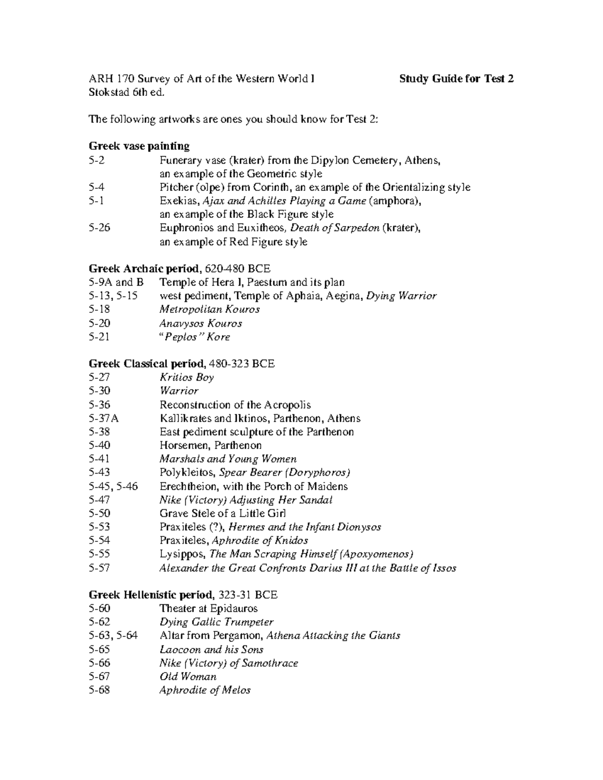 ARH170 Study Guide for Test 2, 6th ed - ARH 170 Survey of Art of the ...