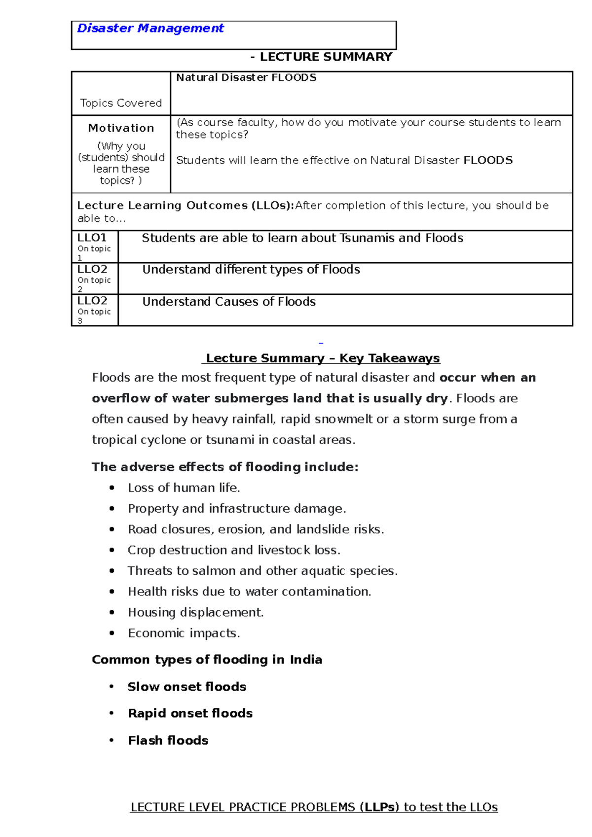 Natural Disaster Floods - Disaster Management - LECTURE SUMMARY Topics ...