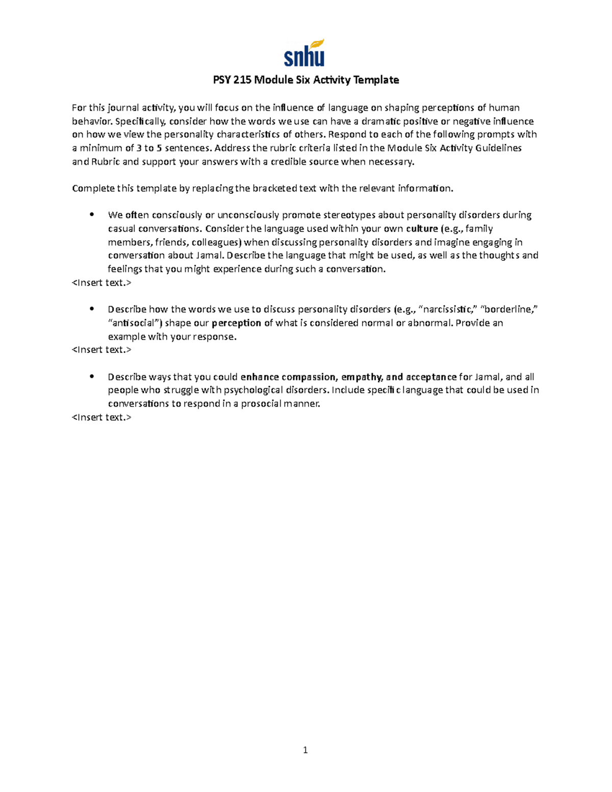 PSY 215 Module Six Activity Template - PSY-222 - SNHU - Studocu