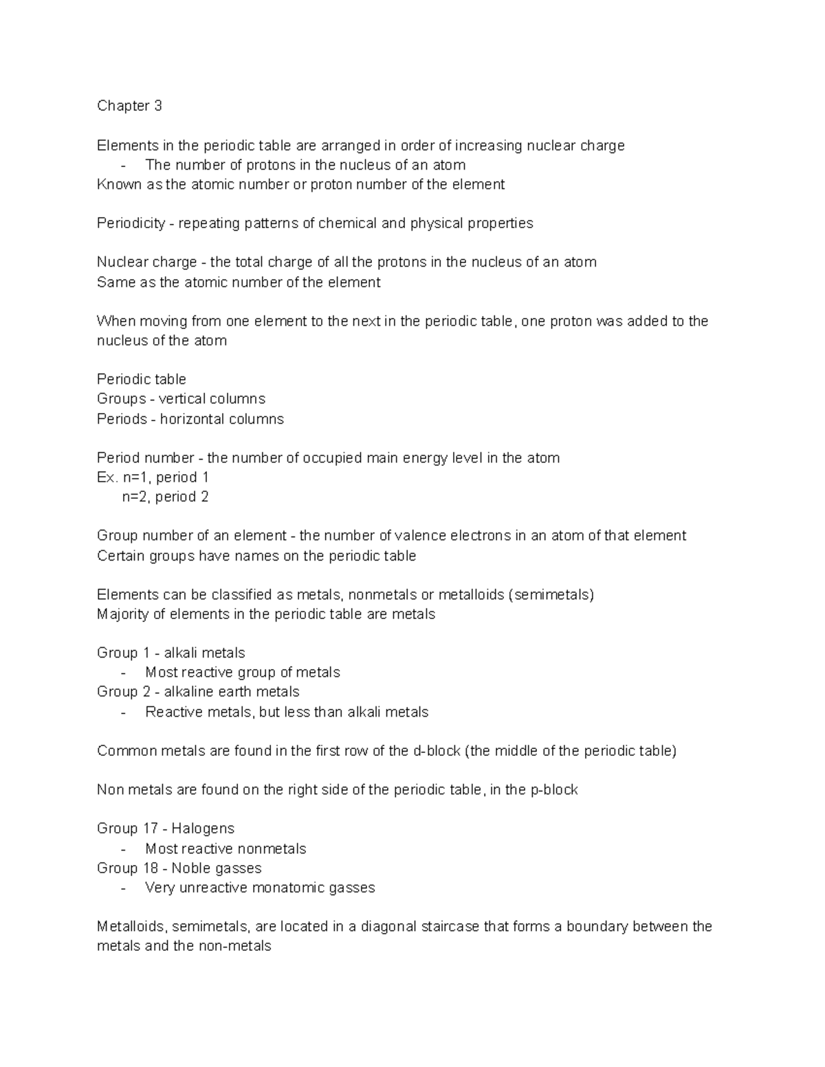 Chem Study Guide Periodic Table (Topic 3, 13) - Chapter 3 Elements in ...