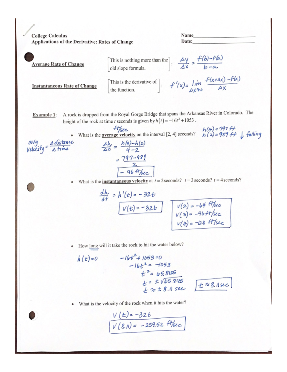 Solutions Rates+of+Change+Applications+of+the+Derivative+Handout ...
