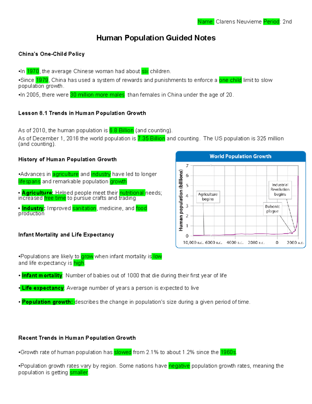 Human Population Guided Notes clarens - Name: Clarens Neuvieme Period ...