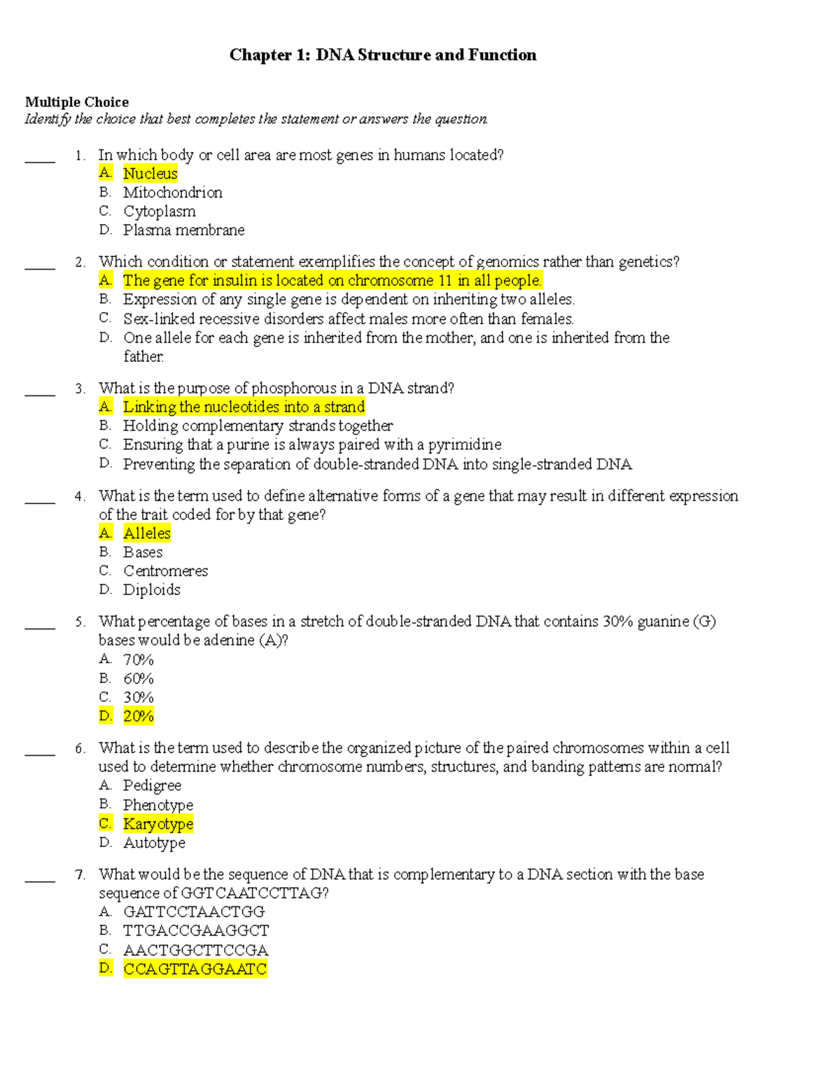 CH1 - DNA Structure and Function - Practice Questions - Chapter 1: DNA ...