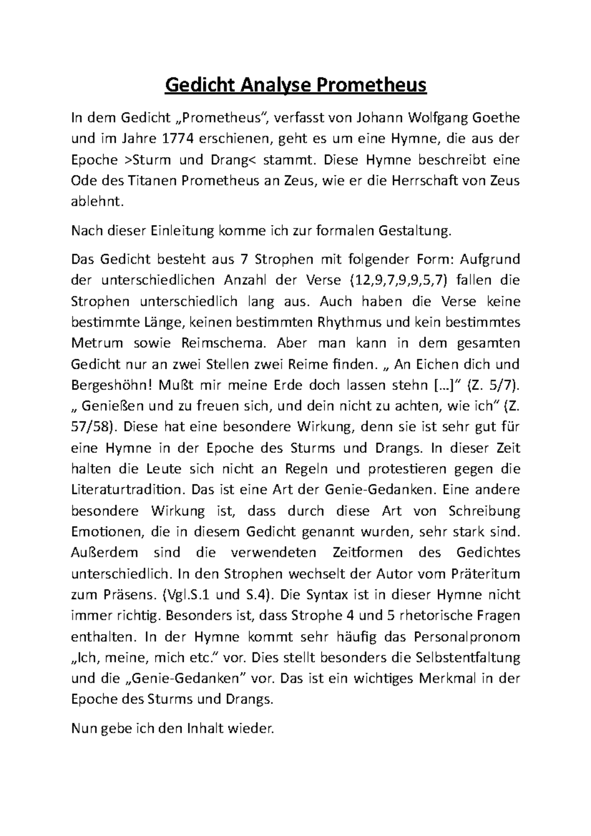 Analyse Prometheus Deutsch - Gedicht Analyse Prometheus In dem Gedicht ...