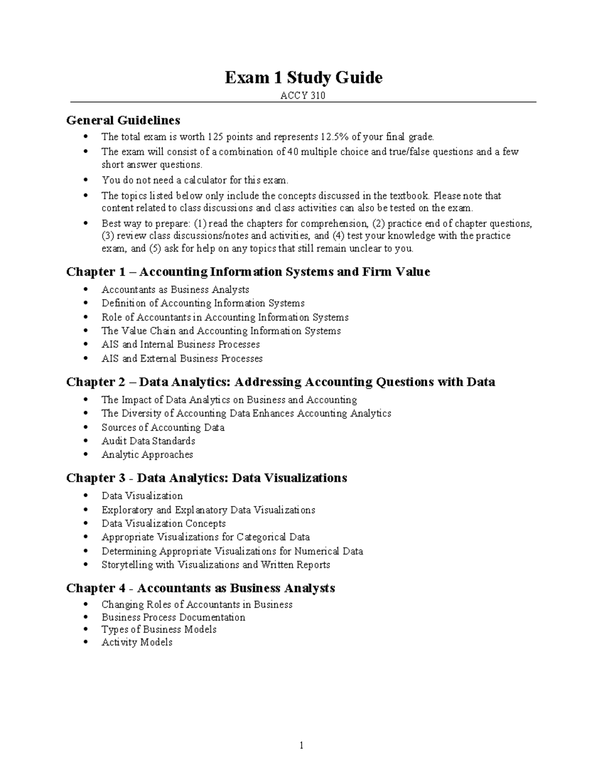 Exam 1 Study Guide - notes - Exam 1 Study Guide ACCY 310 General ...