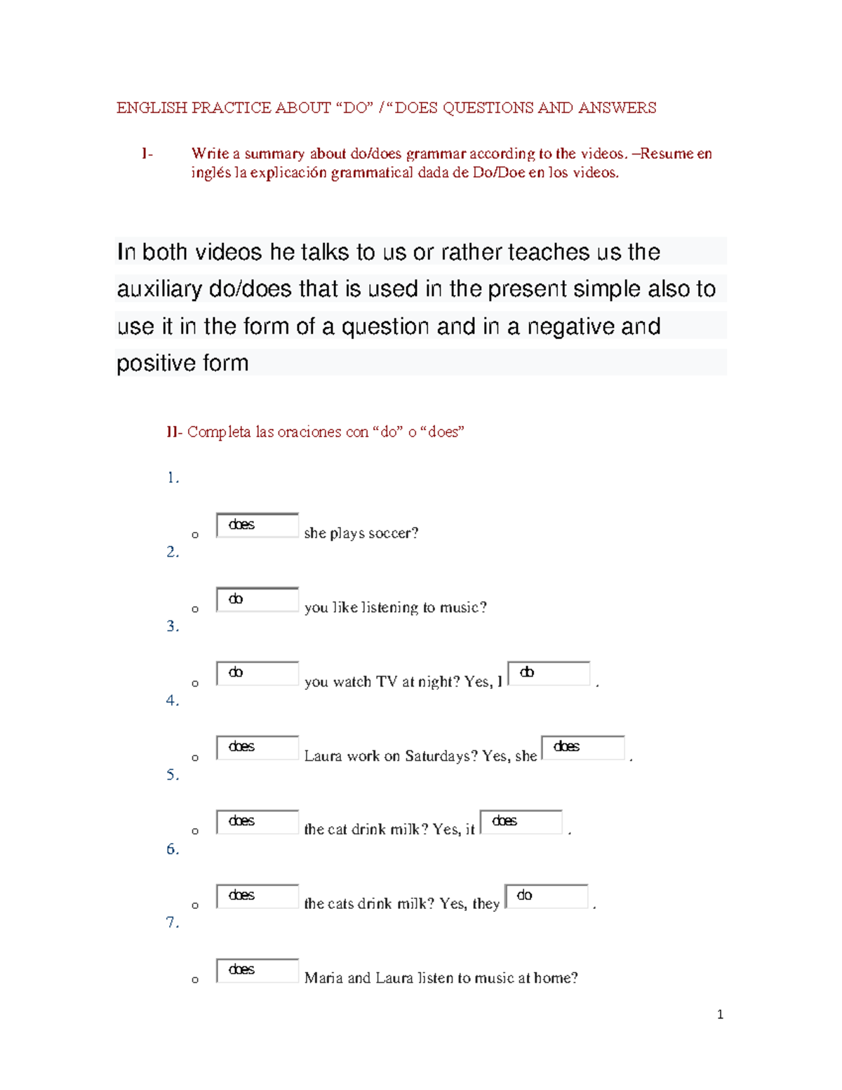 DO DOES - ejercicos - ENGLISH PRACTICE ABOUT