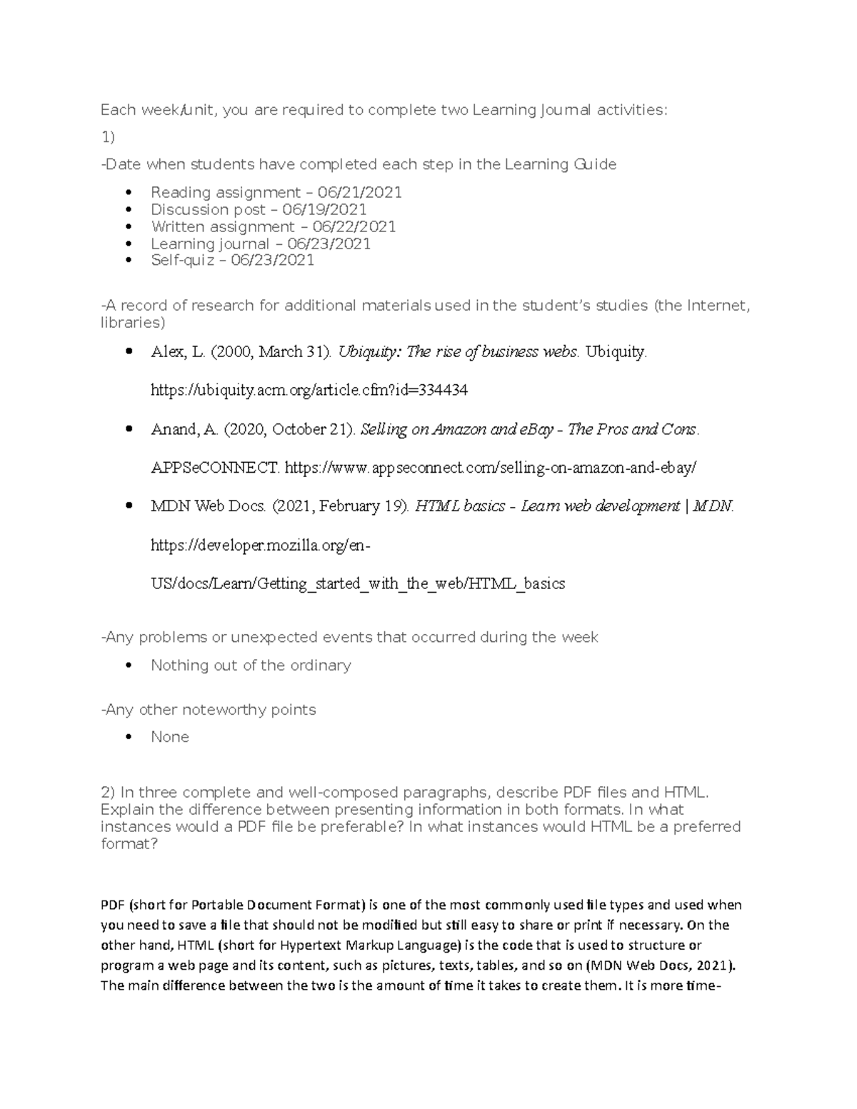 Learning journal - 2) In three complete and well-composed paragraphs ...