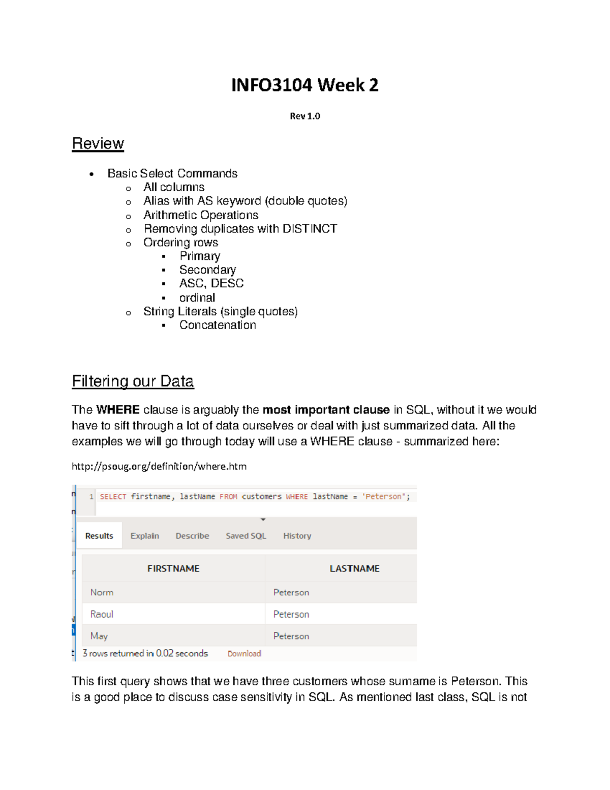 Week2 Lecture Notes 2 Info3104 Week 2 Rev 1 Review • Basic Select 8579