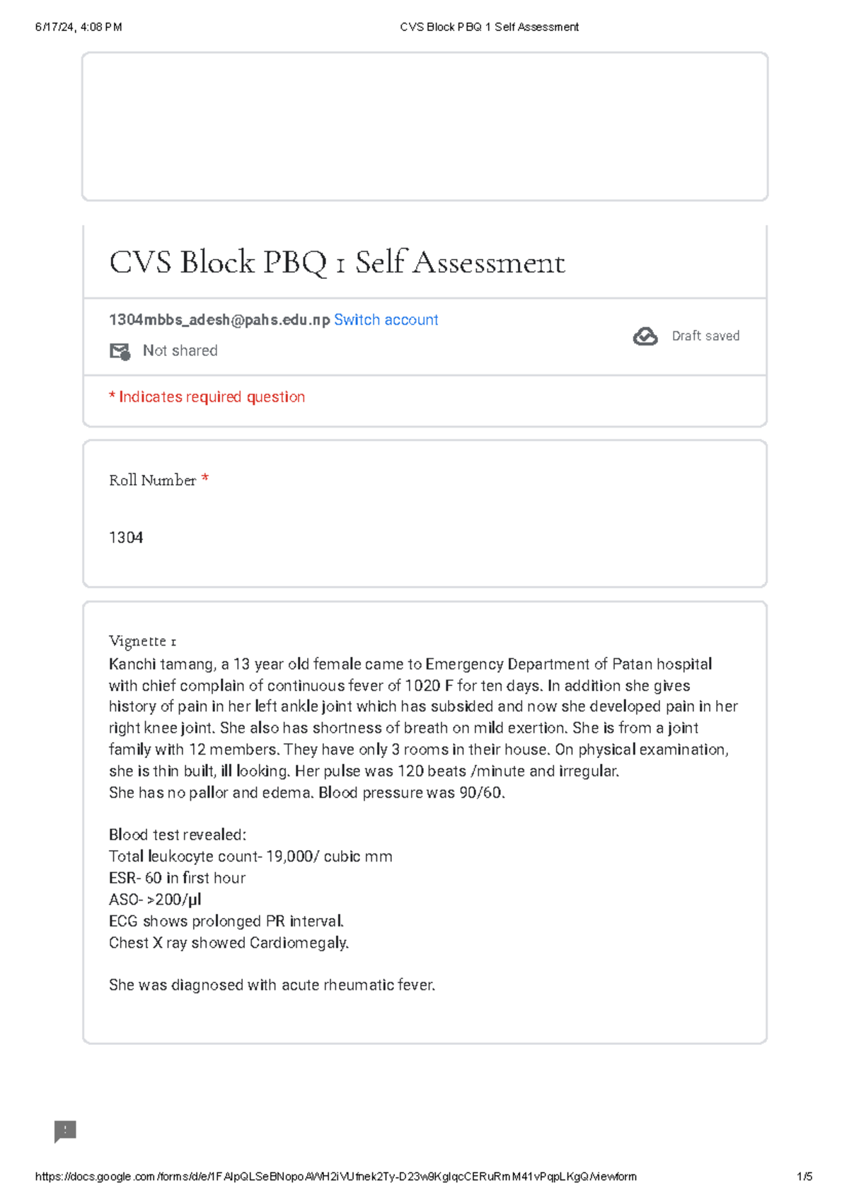 CVS Block PBQ 1 Self Assessment - Vignette 1 Kanchi tamang, a 13 year ...
