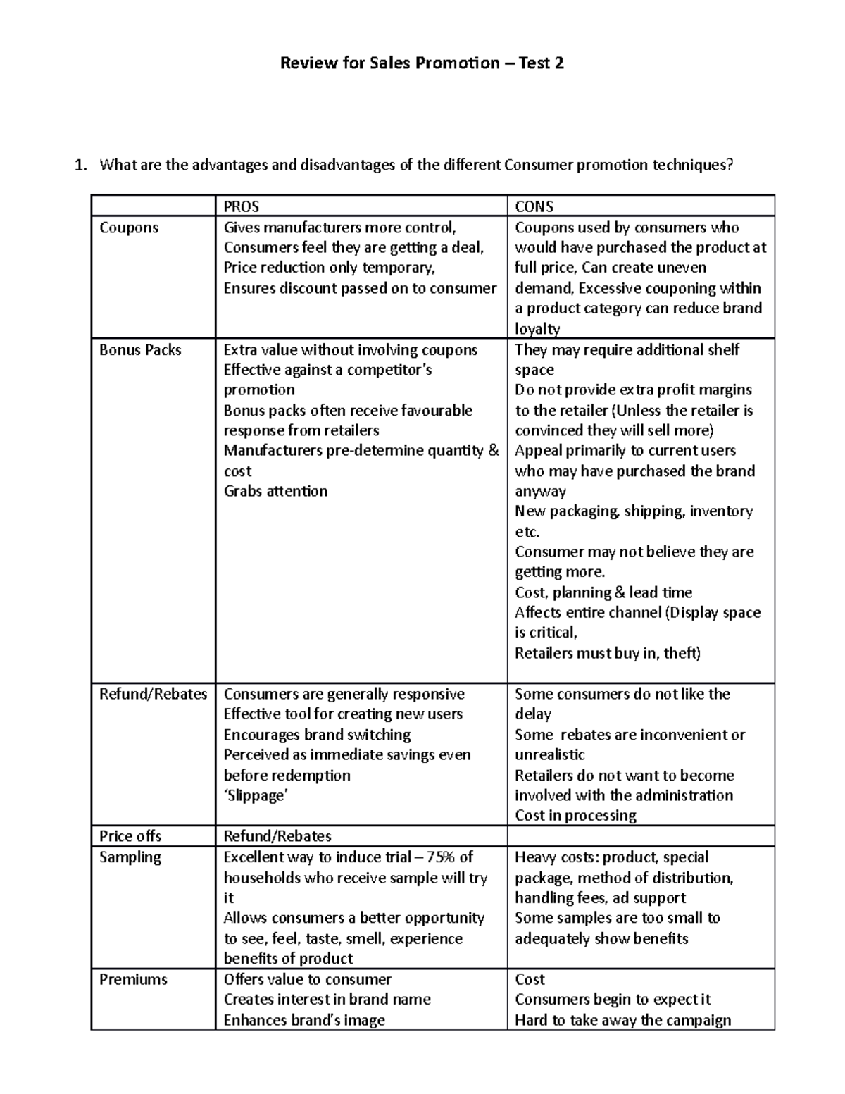 Test Review 2 - Notes for test - Review for Sales Promotion – Test 2 ...
