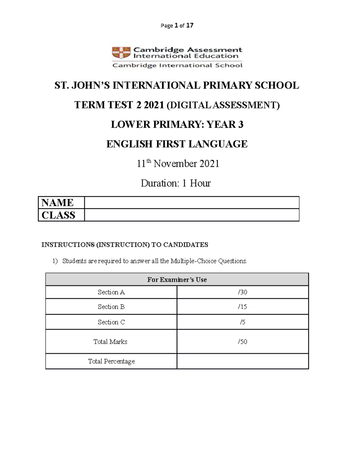 TE2 Y3 2021 - sample exam paper - ST. JOHN’S INTERNATIONAL PRIMARY ...