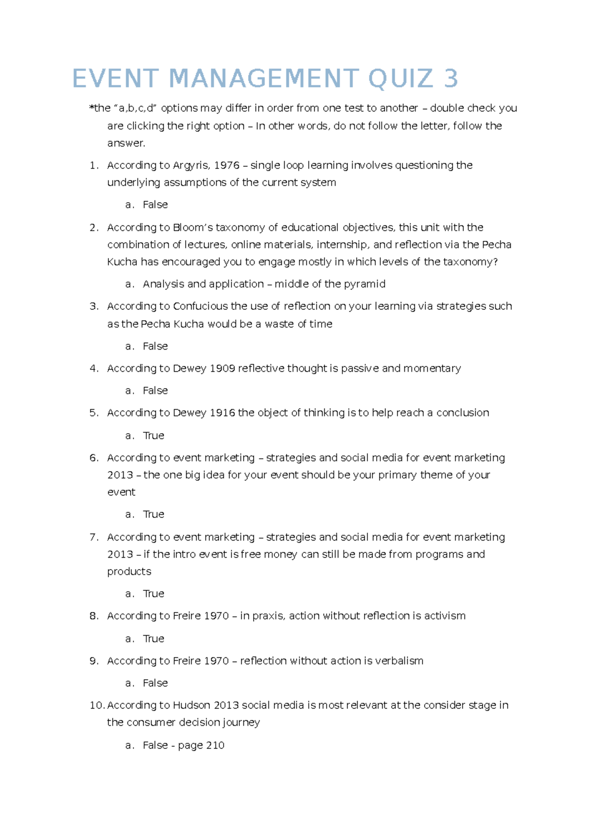 EM QUIZ 3 - Quiz 3 for event management. Topics 7 to 10. - EVENT ...