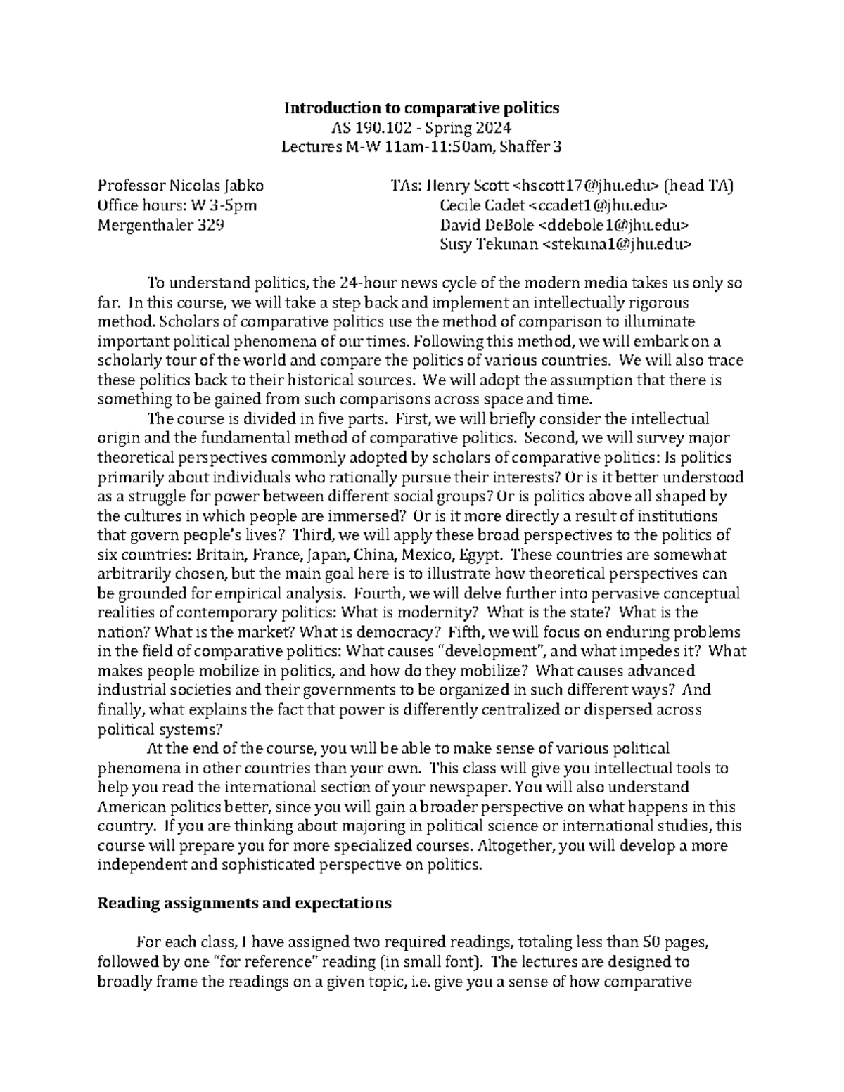 First Week Notes - Introduction to comparative politics AS 190 - Spring ...