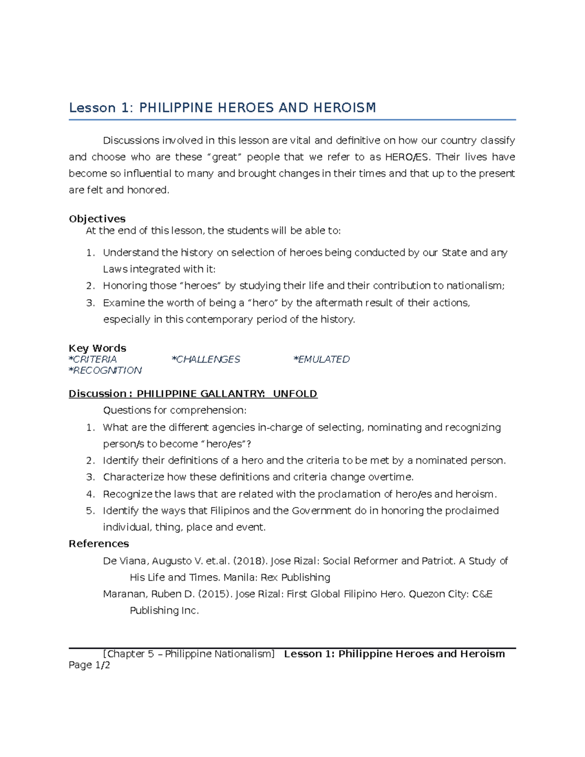 Module - This topic is helpful. - Lesson 1: PHILIPPINE HEROES AND ...