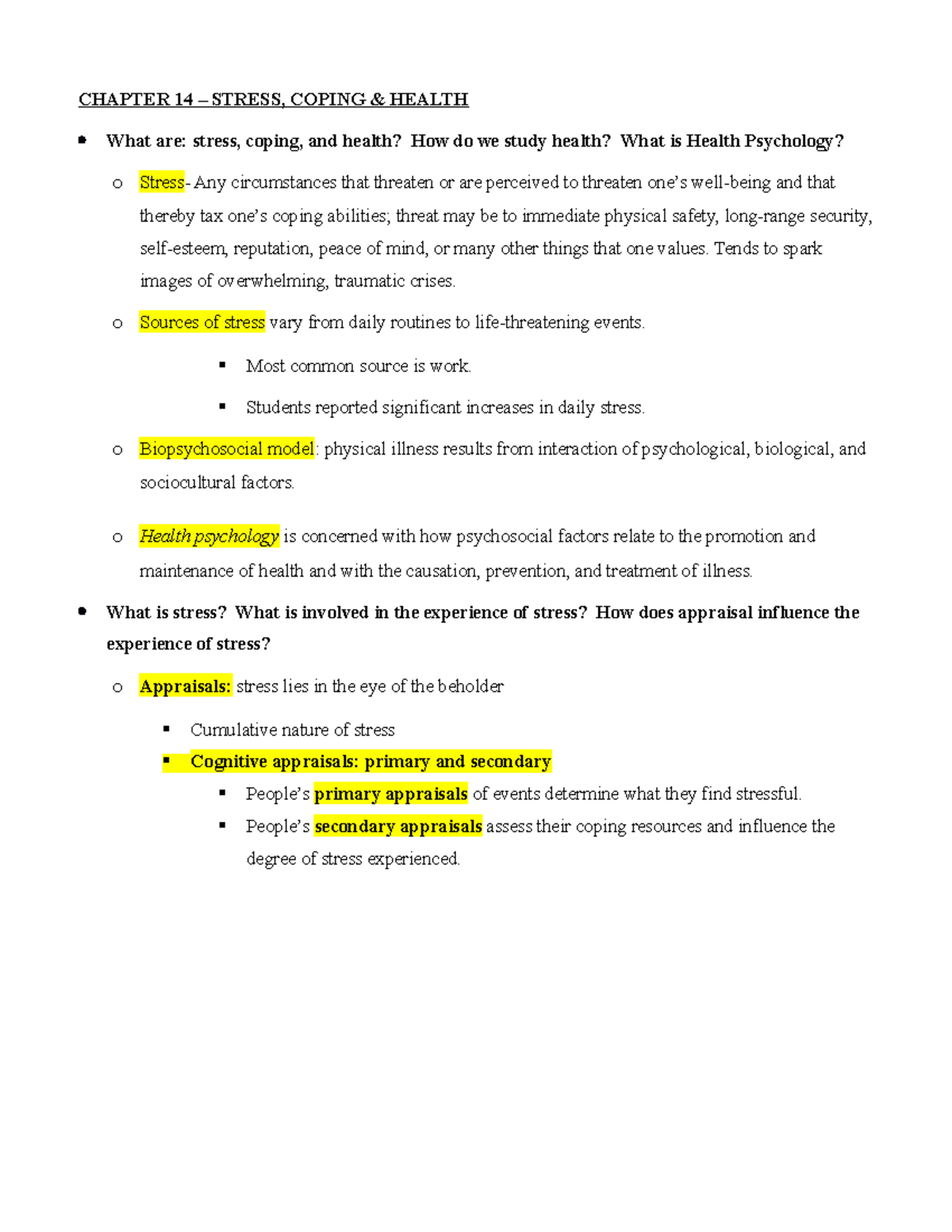 Psych 1002C Exam Review - CHAPTER 14 – STRESS, COPING & HEALTH What are ...