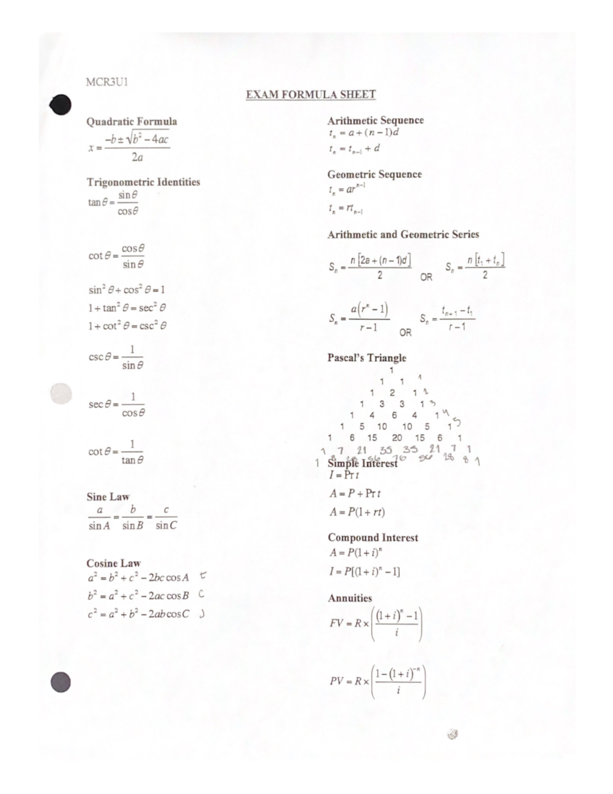 Arch MRC 3U - Formula - MCR3U1 EXAM FORMULA SHEET Quadratic Formula ...