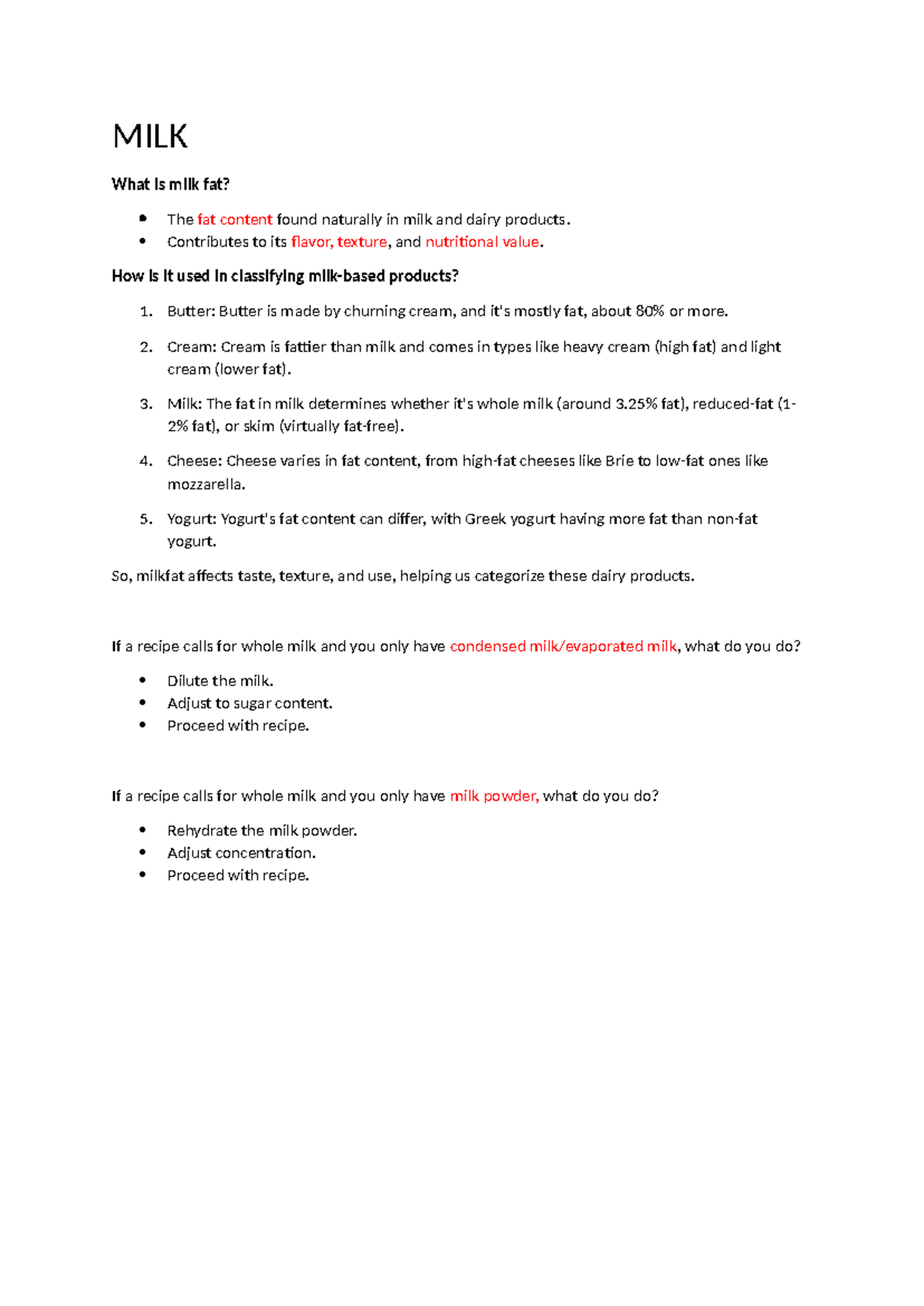 VDS Summaries - study notes - MILK What is milk fat? The fat content ...
