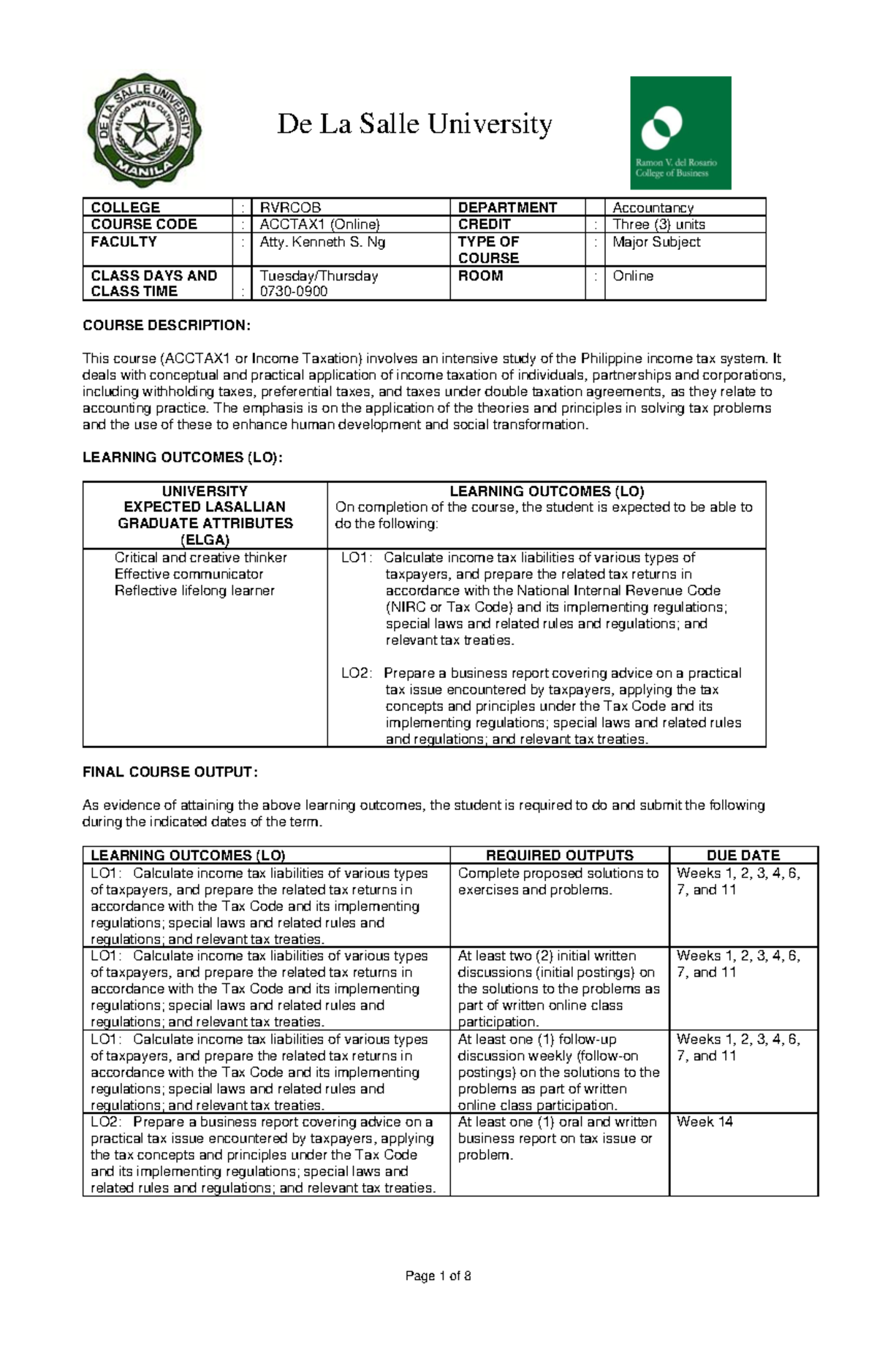 Acctax 1 Syllabus T1 (2020-2021) - De La Salle University COLLEGE : RVRCOB DEPARTMENT ...