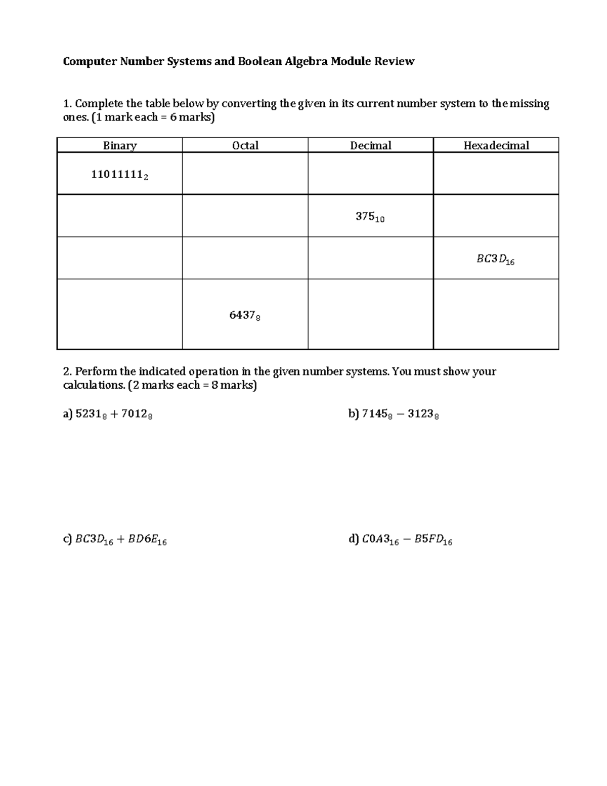 Computer Number Systems And Boolean Algebra Review Computer Number Systems And Boolean Algebra