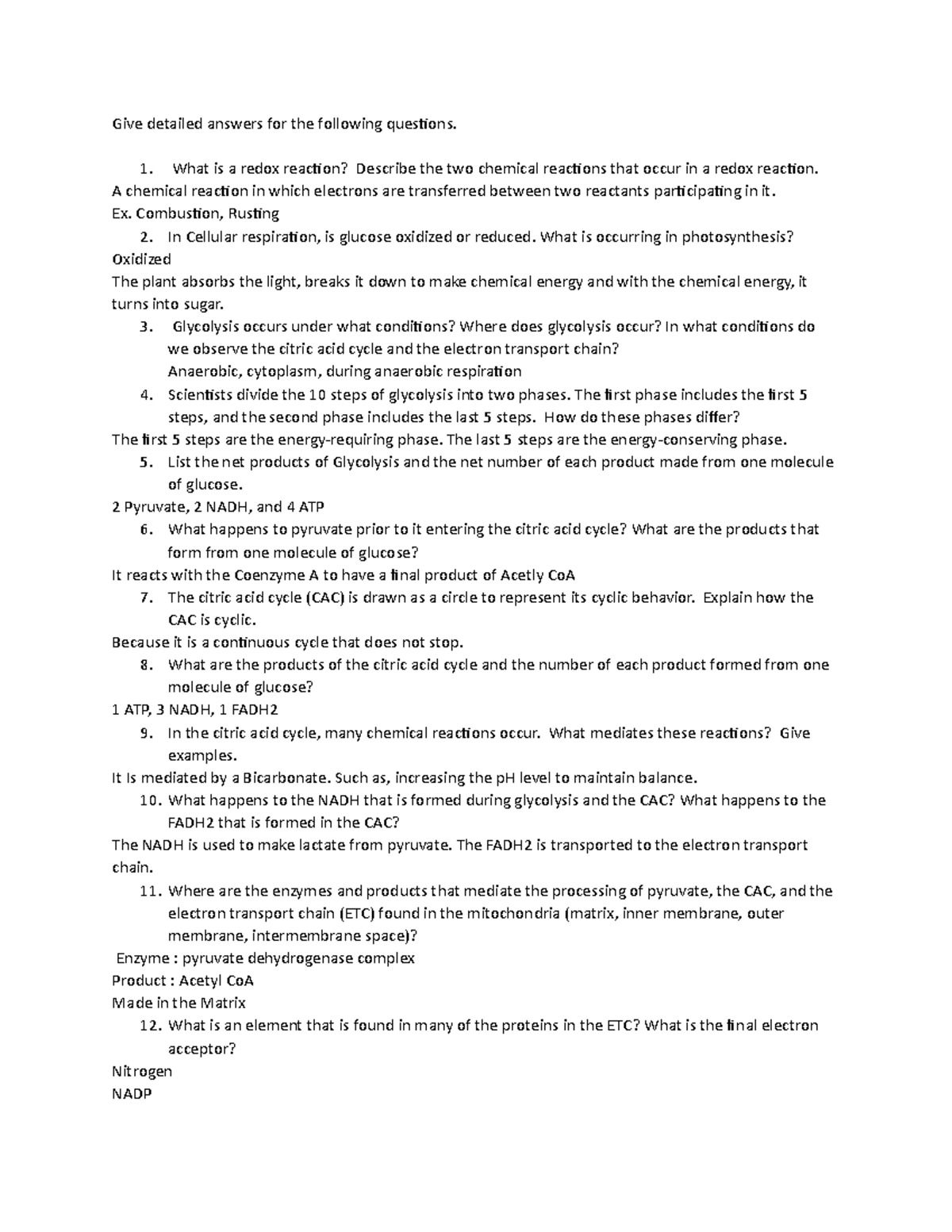 Cellular Respiration Questions - Give detailed answers for the ...