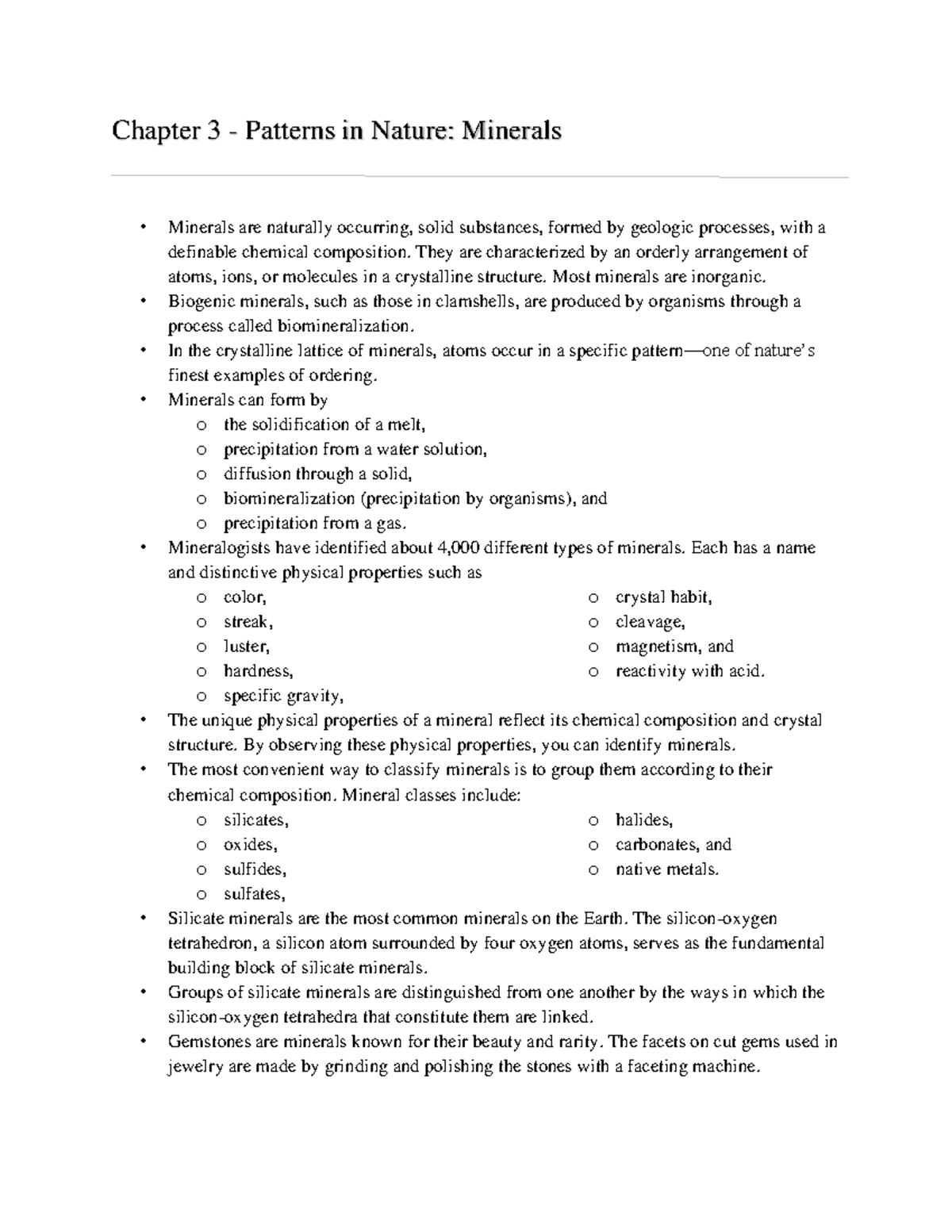 Chapter 3 - Summary - Minerals - Chapter 3 - Patterns in Nature ...