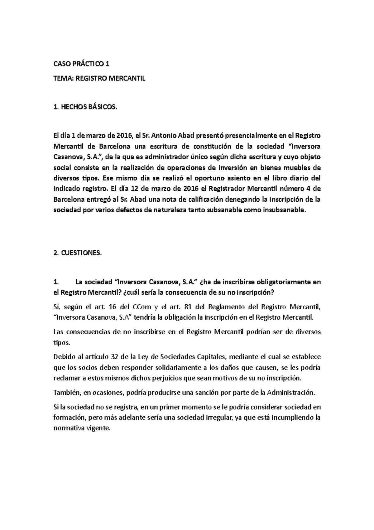 CASO Práctico mercantil - Derecho Civil II - Obligaciones y Contratos - UB - Studocu
