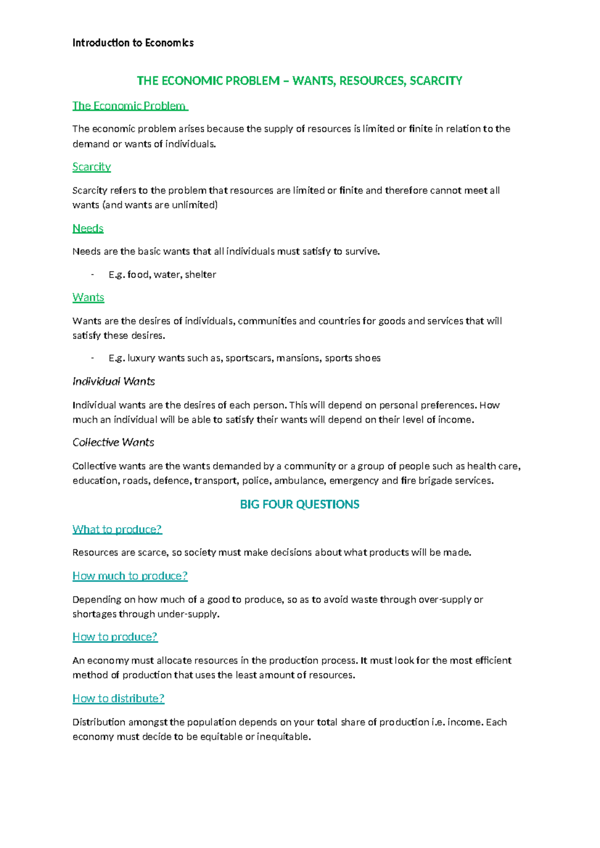 THE Nature OF Economics Notes - THE ECONOMIC PROBLEM – WANTS, RESOURCES ...