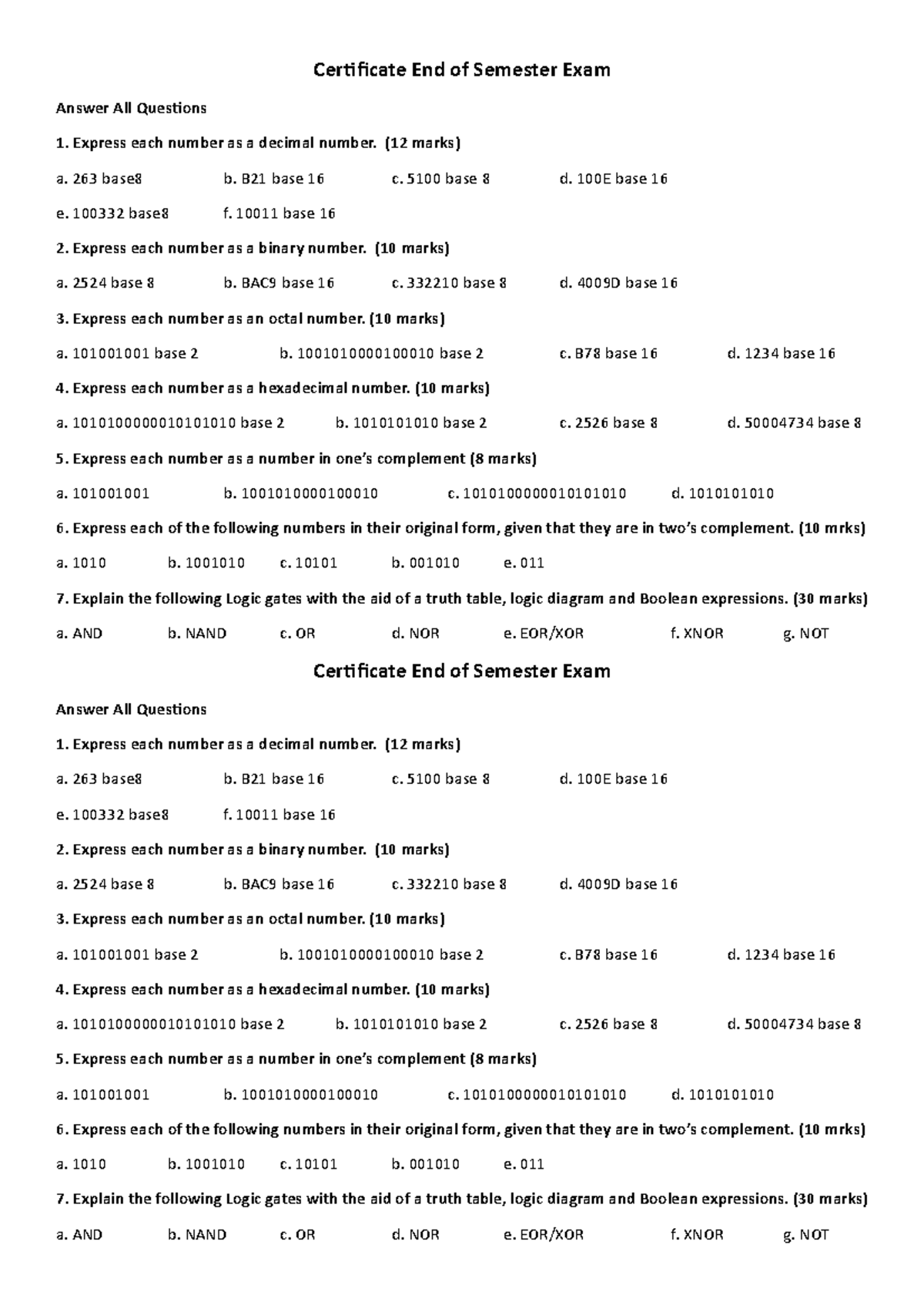 Certificate Semester 1 - Certificate End of Semester Exam **Answer All ...