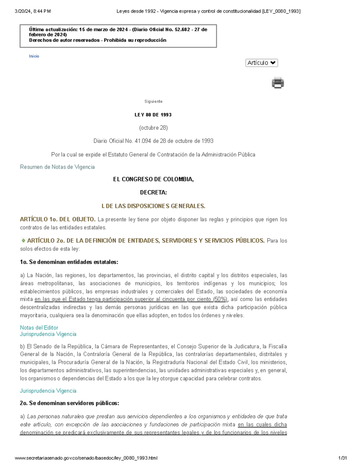 LEY 80 - Ley 80 para estudiar contratación estatal - Última ...